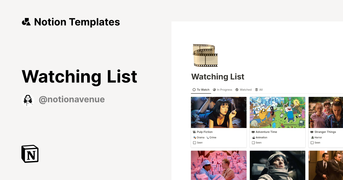 תבנית Watching List מאת Notion Avenue | Marketplace של Notion