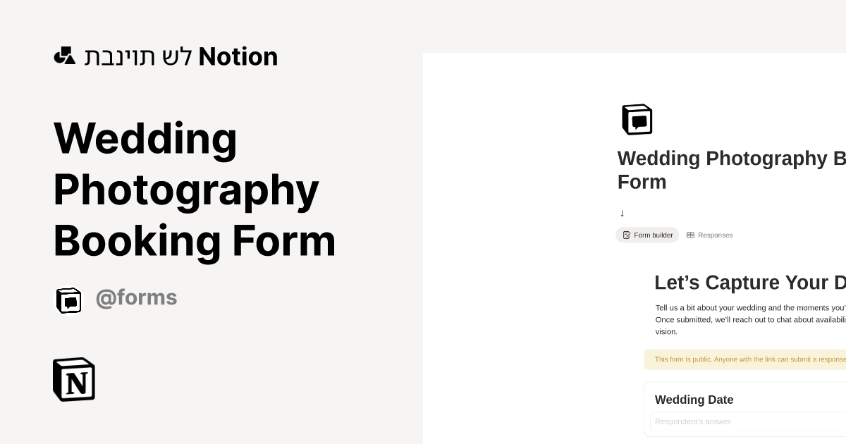 תבנית Wedding Photography Booking Form מאת Forms | Marketplace של Notion