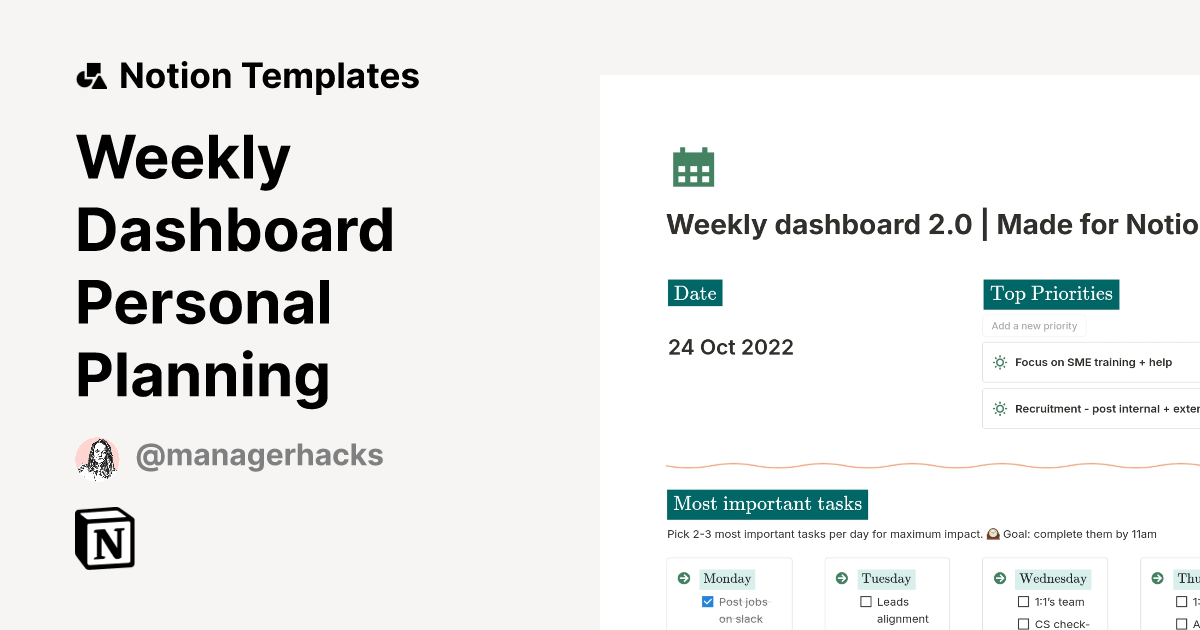 תבנית Weekly Dashboard Personal Planning | Marketplace של Notion
