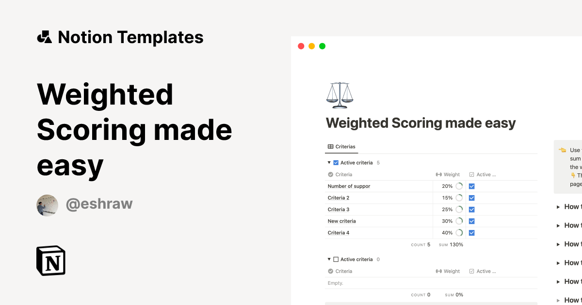 תבנית Weighted Scoring made easy | Marketplace של Notion