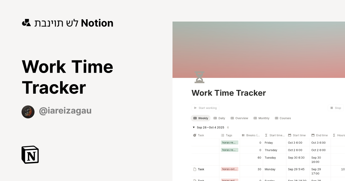 תבנית Work Time Tracker מאת iareizagau | Marketplace של Notion