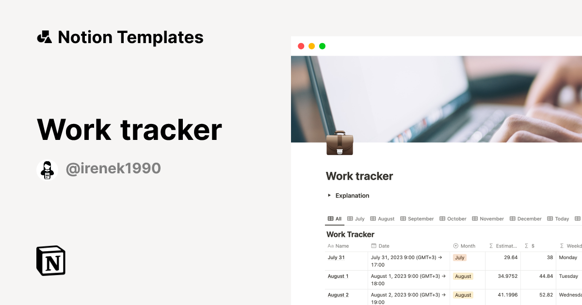 תבנית Work tracker מאת Irenek1990 | Marketplace של Notion