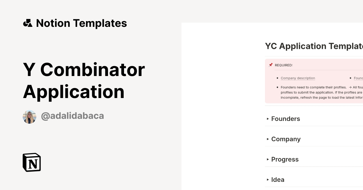 תבנית Y Combinator Application מאת Adalida Baca | Marketplace של Notion