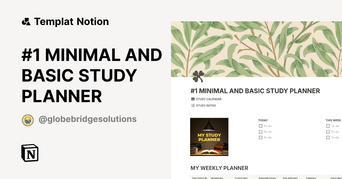 #1 MINIMAL AND BASIC STUDY PLANNER Templat oleh GLOBE BRIDGE SOLUTIONS | Notion Marketplace