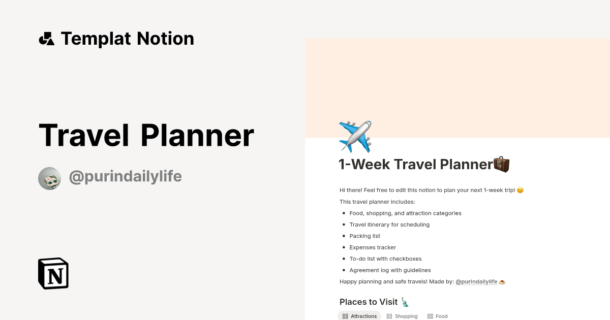 Travel Planner Templat oleh Purin | Notion Marketplace