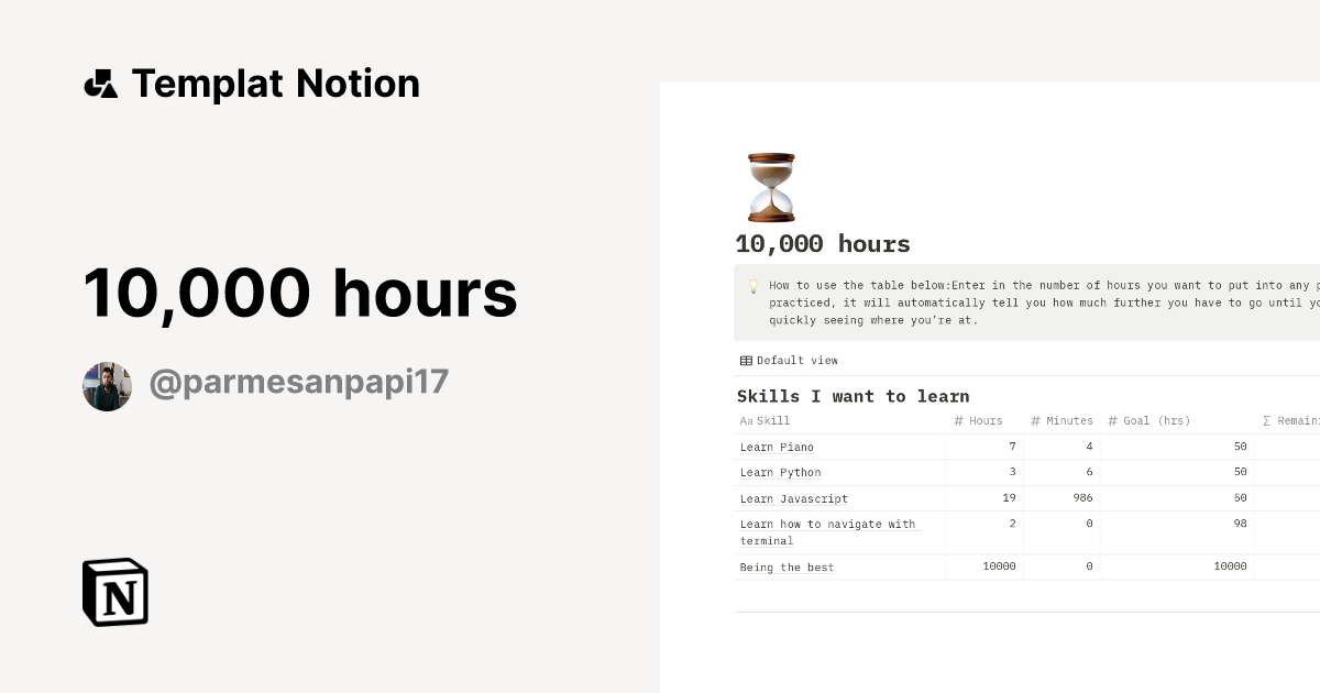 Templat 10,000 hours | Notion Marketplace