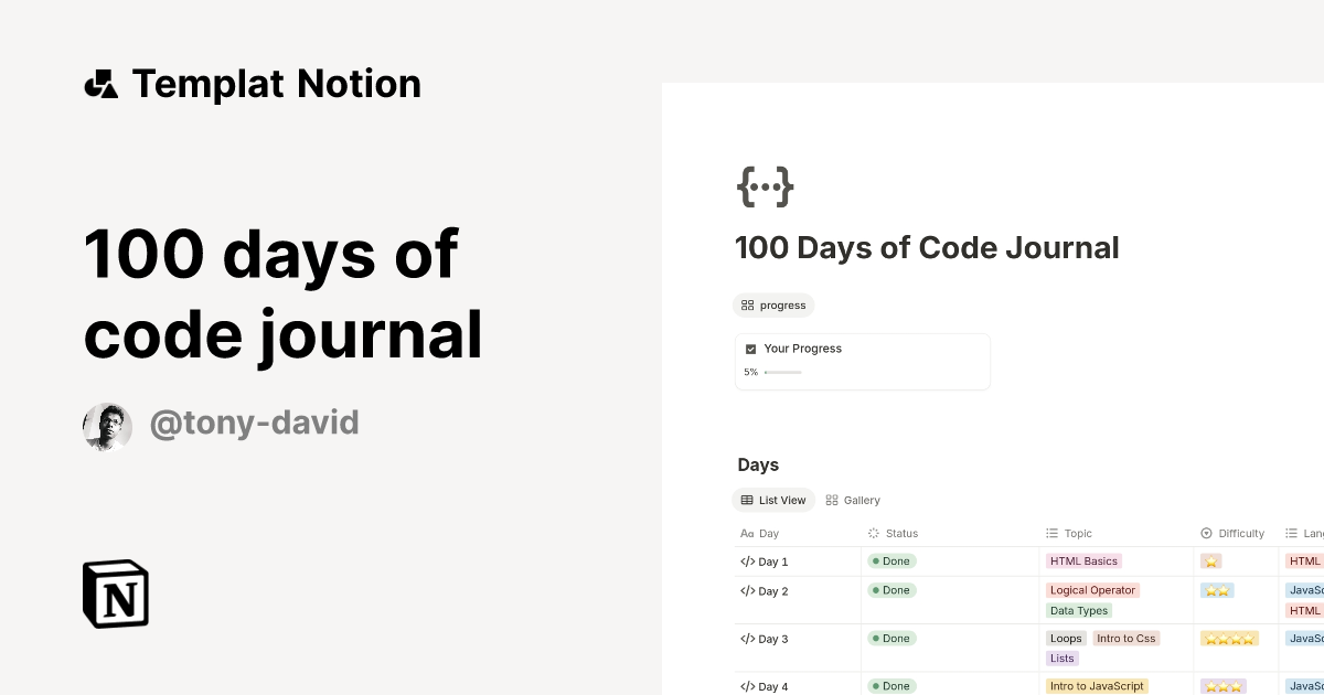 100 days of code journal Templat oleh Tony David | Notion Marketplace
