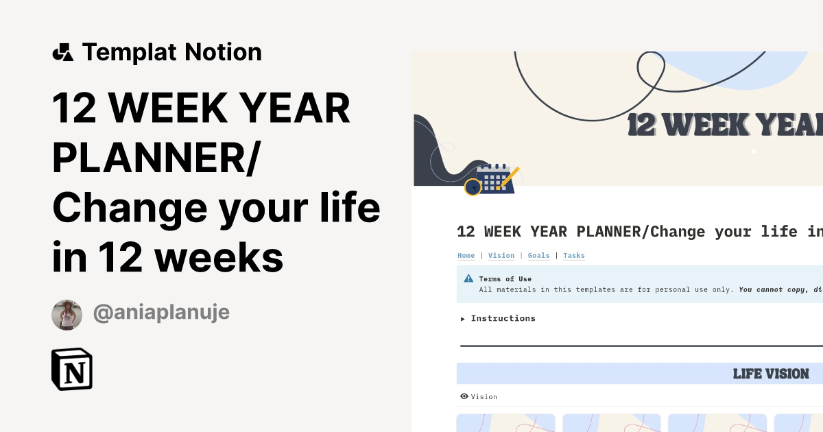 12 WEEK YEAR PLANNER/Change your life in 12 weeks Templat oleh Ania ...