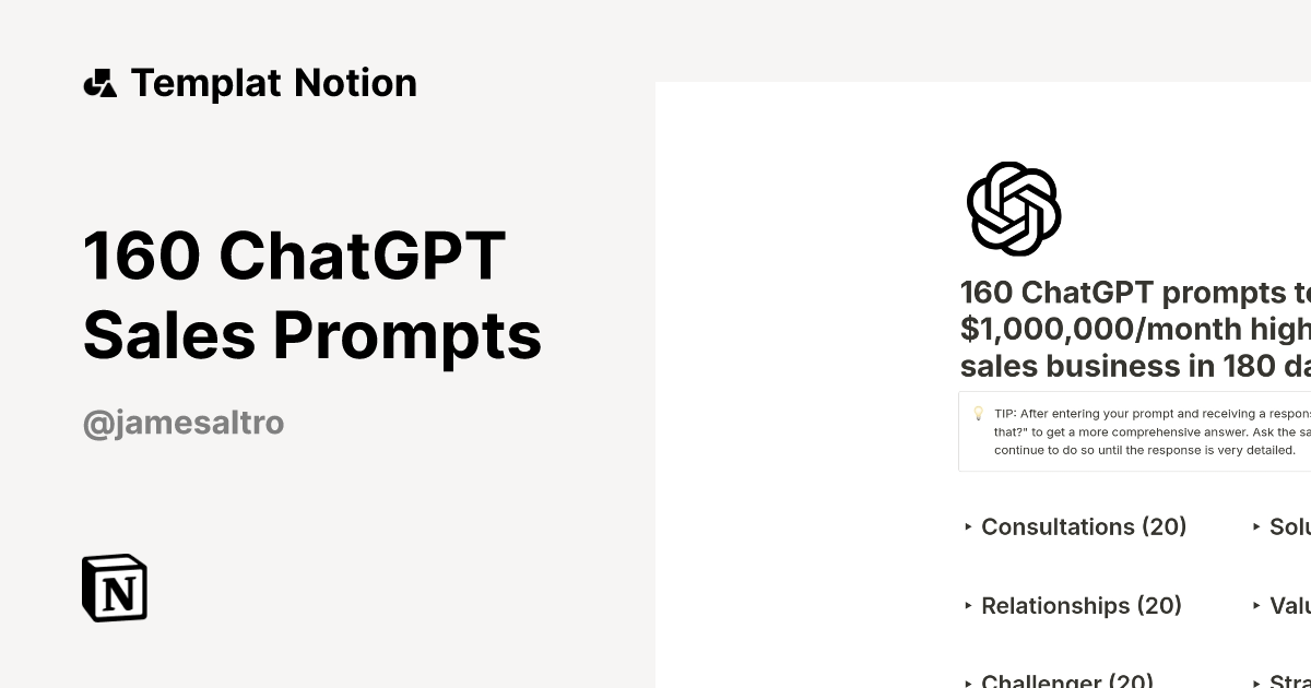 160 ChatGPT Sales Prompts Templat oleh James | Altro | Notion Marketplace