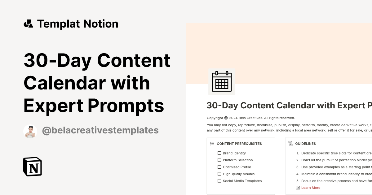 Templat 30-Day Content Calendar with Expert Prompts | Notion Marketplace