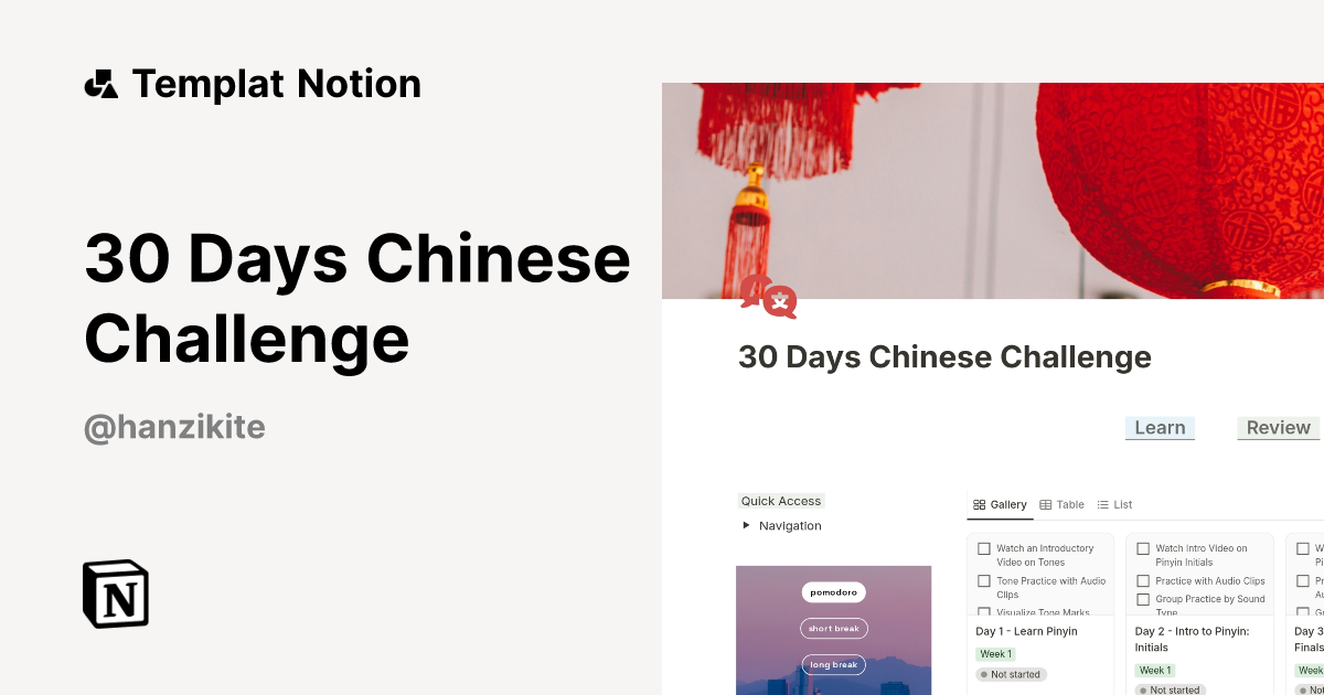 30 Days Chinese Challenge Templat oleh Hanzi Kite | Notion Marketplace