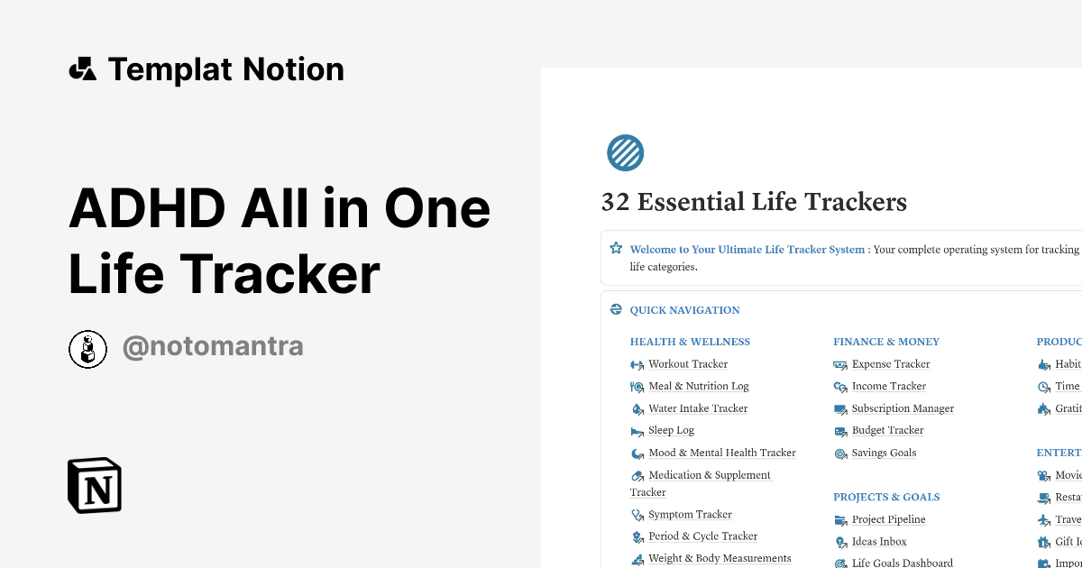 ADHD All in One Life Tracker Templat oleh NotoMantra | Notion Marketplace