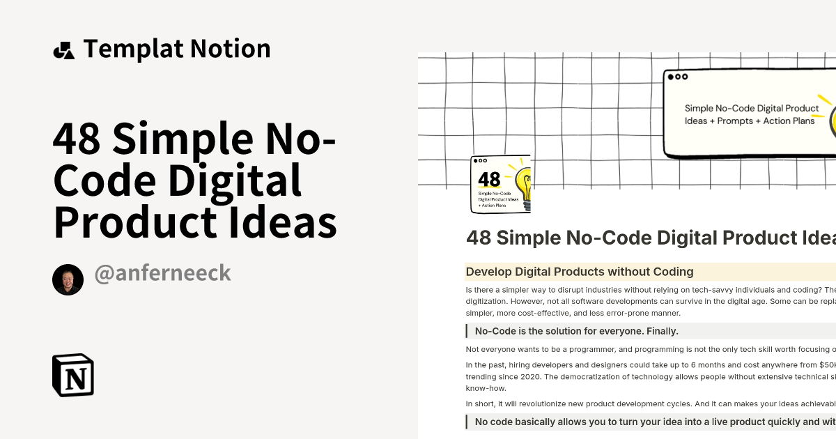 48 Simple No-Code Digital Product Ideas Templat oleh Anfernee | Notion Marketplace