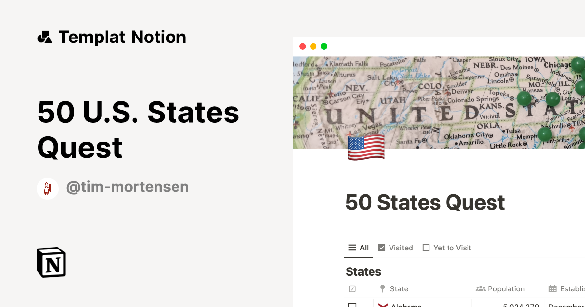 50 U.S. States Quest Templat oleh Tim Mortensen | Notion Marketplace