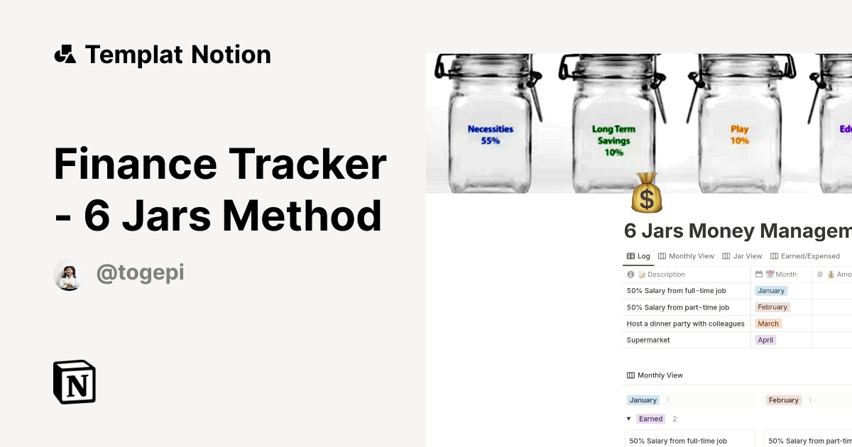 Finance Tracker - 6 Jars Method Templat oleh TogepiLinhVuu | Notion ...