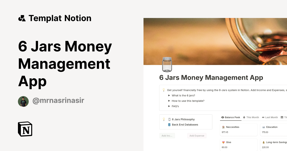 Templat 6 Jars Money Management App | Notion Marketplace