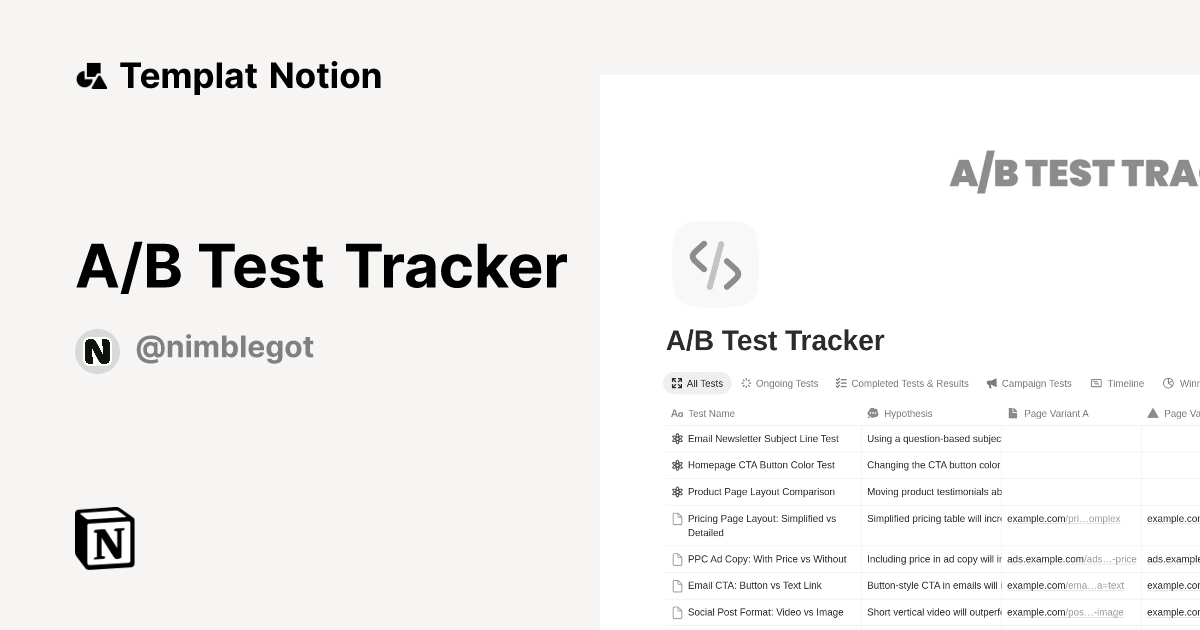 A/B Test Tracker Templat oleh NimbleGot | Notion Marketplace