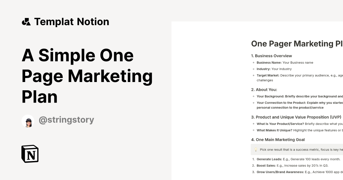 Templat A Simple One Page Marketing Plan | Notion Marketplace