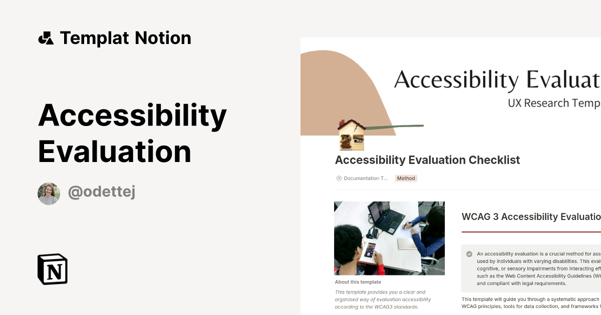 Accessibility Evaluation Templat oleh Odette Jansen | Notion Marketplace