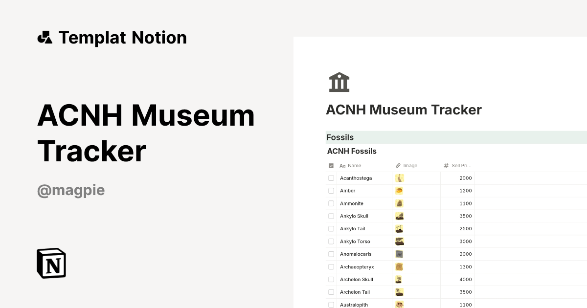 ACNH Museum Tracker Templat oleh Magpie | Notion Marketplace