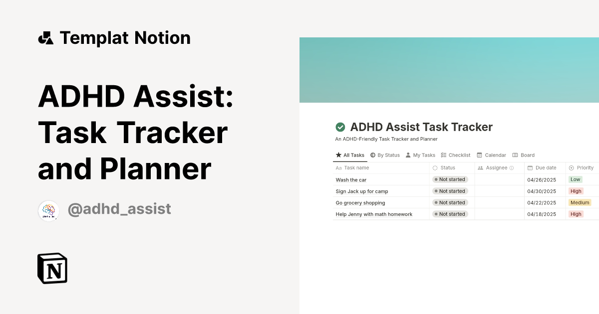 Templat ADHD Assist: Task Tracker and Planner | Notion Marketplace