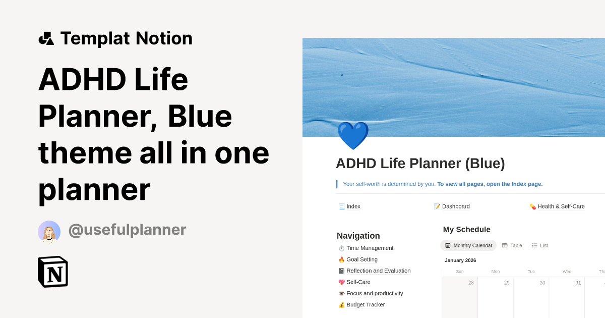 Templat ADHD Life Planner, Blue theme all in one planner | Notion ...