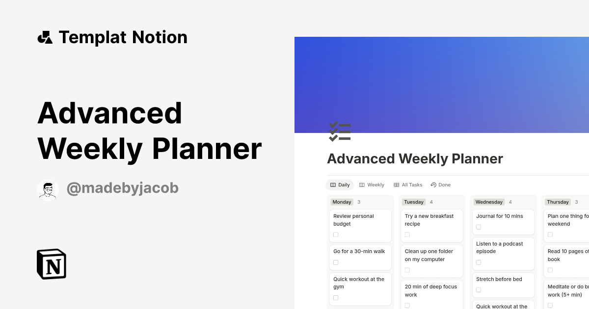 Advanced Weekly Planner Templat oleh Made by Jacob | Notion Marketplace