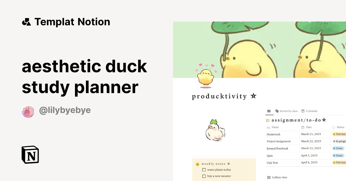 aesthetic duck study planner Templat oleh byebye | Notion Marketplace
