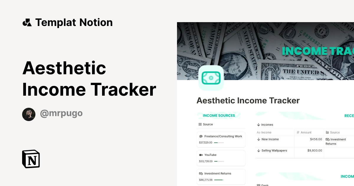 Aesthetic Income Tracker Templat oleh mrpugo | Notion Marketplace