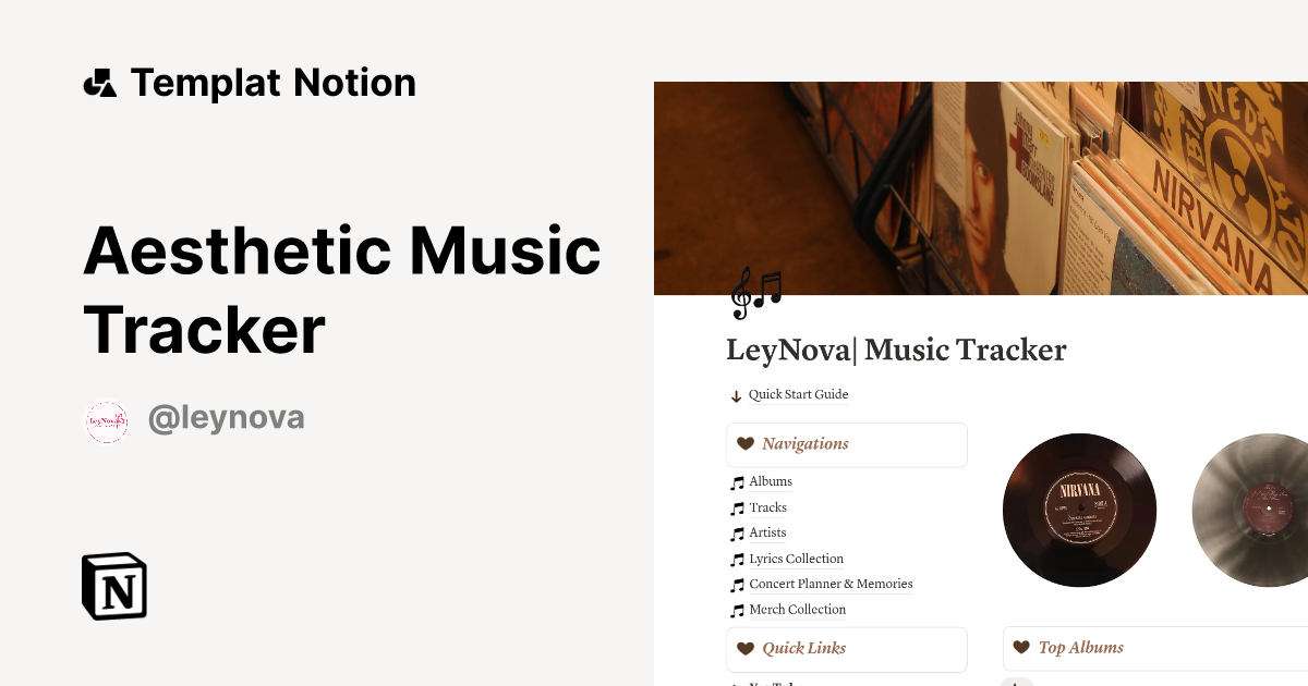 Aesthetic Music Tracker Templat oleh LeyNova | Notion Marketplace
