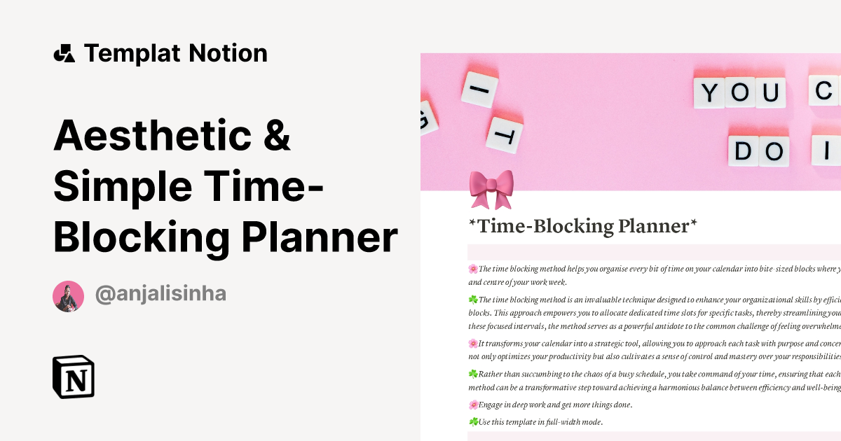 Templat Aesthetic & Simple Time-Blocking Planner | Notion Marketplace