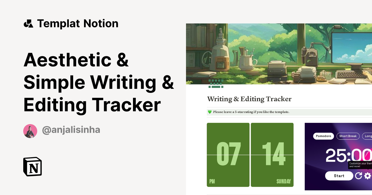 Templat Aesthetic & Simple Writing & Editing Tracker | Notion Marketplace