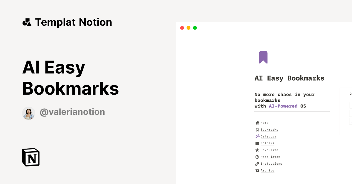 AI Easy Bookmarks Templat oleh Valeria | Notion Marketplace