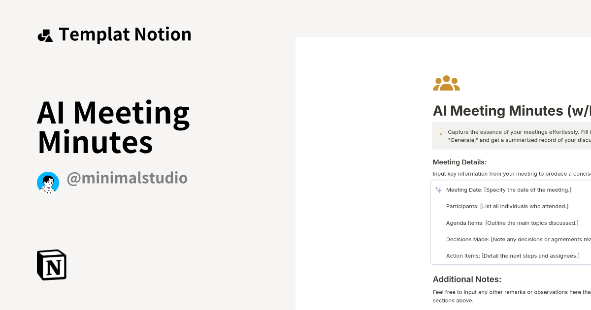 AI Meeting Minutes Templat oleh Minimal Studio | Notion Marketplace