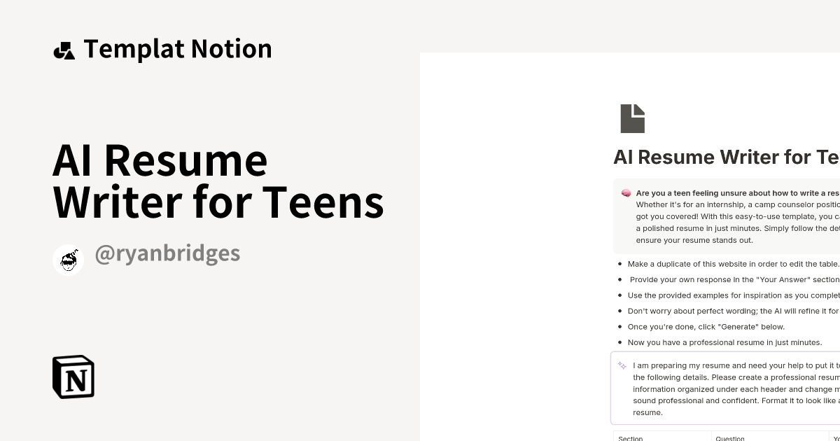 Templat AI Resume Writer for Teens | Notion Marketplace
