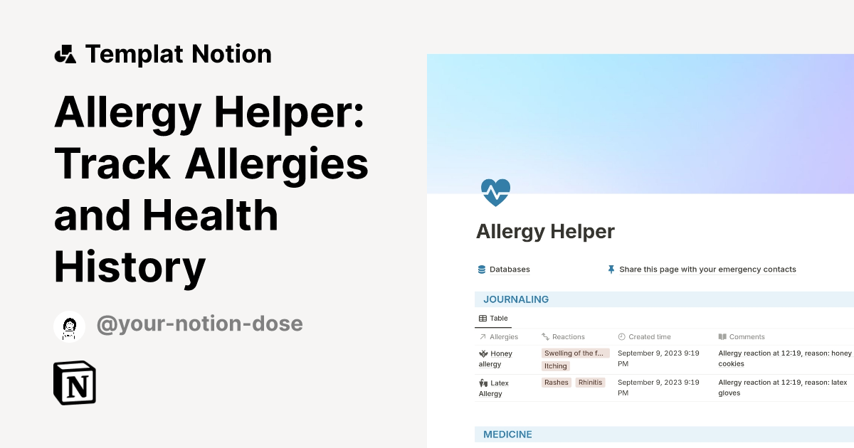 Allergy Helper: Track Allergies and Health History Templat oleh Your Notion Dose | Notion ...