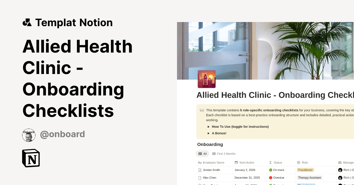 Templat Allied Health Clinic - Onboarding Checklists | Notion Marketplace