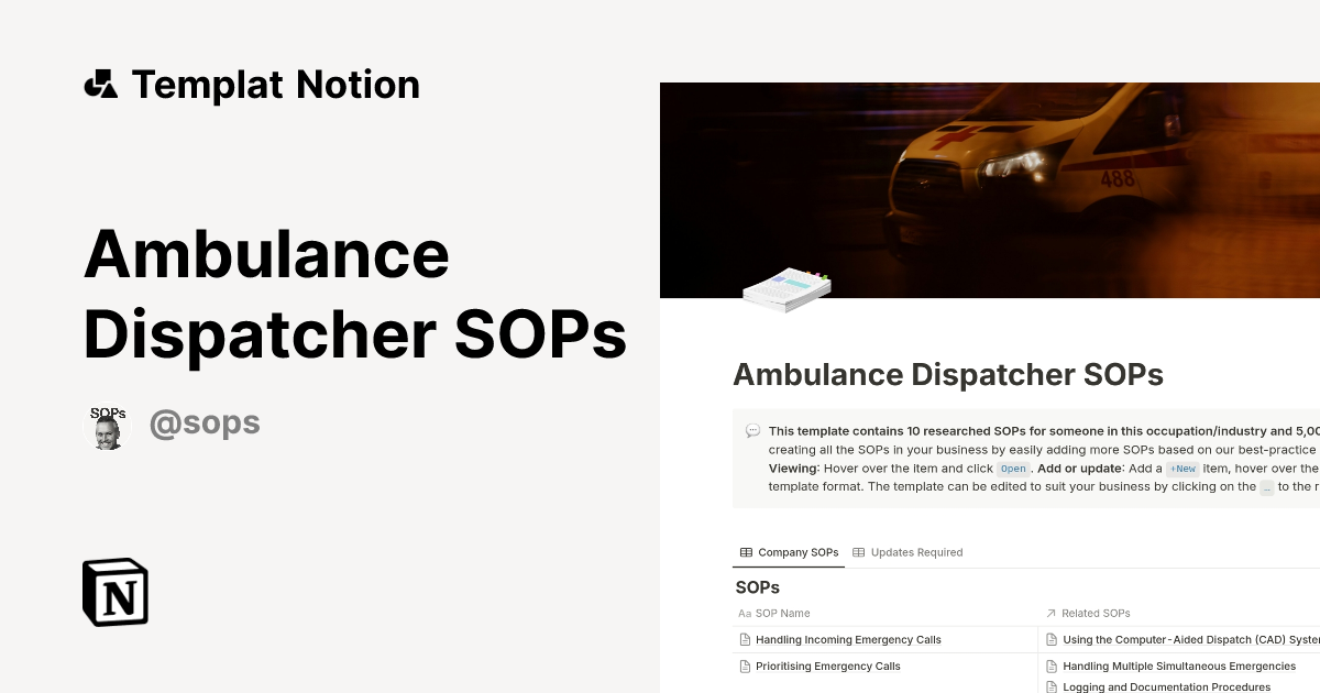 Ambulance Dispatcher SOPs Templat oleh SOPs | Notion Marketplace