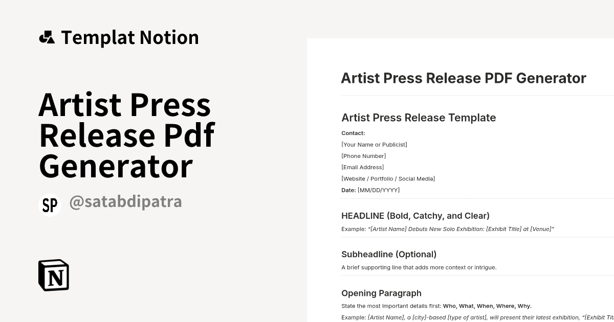 Artist Press Release Pdf Generator Templat oleh Satabdi Patra | Notion ...