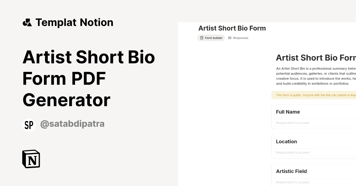 Artist Short Bio Form PDF Generator Templat oleh Satabdi Patra | Notion ...