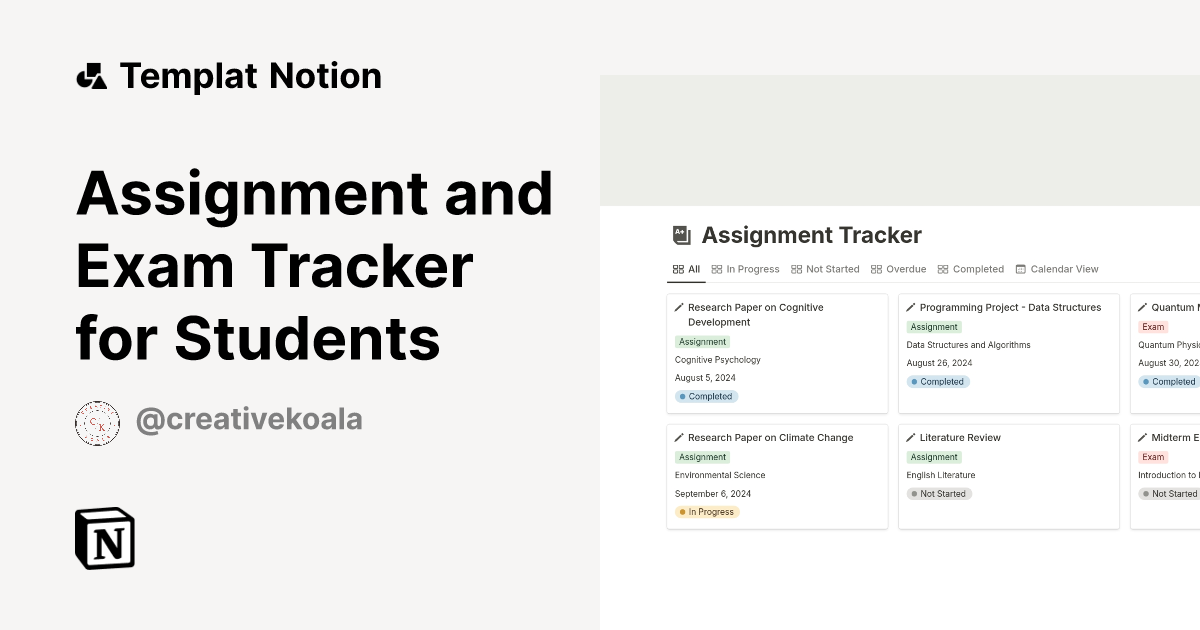 Templat Assignment and Exam Tracker for Students | Notion Marketplace