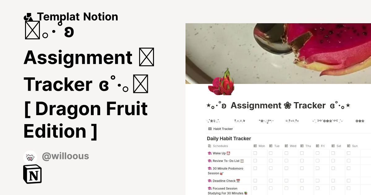 Templat ⋆｡‧˚ʚ Assignment Tracker ɞ˚‧｡⋆ [ Dragon Fruit Edition ] | Notion Marketplace