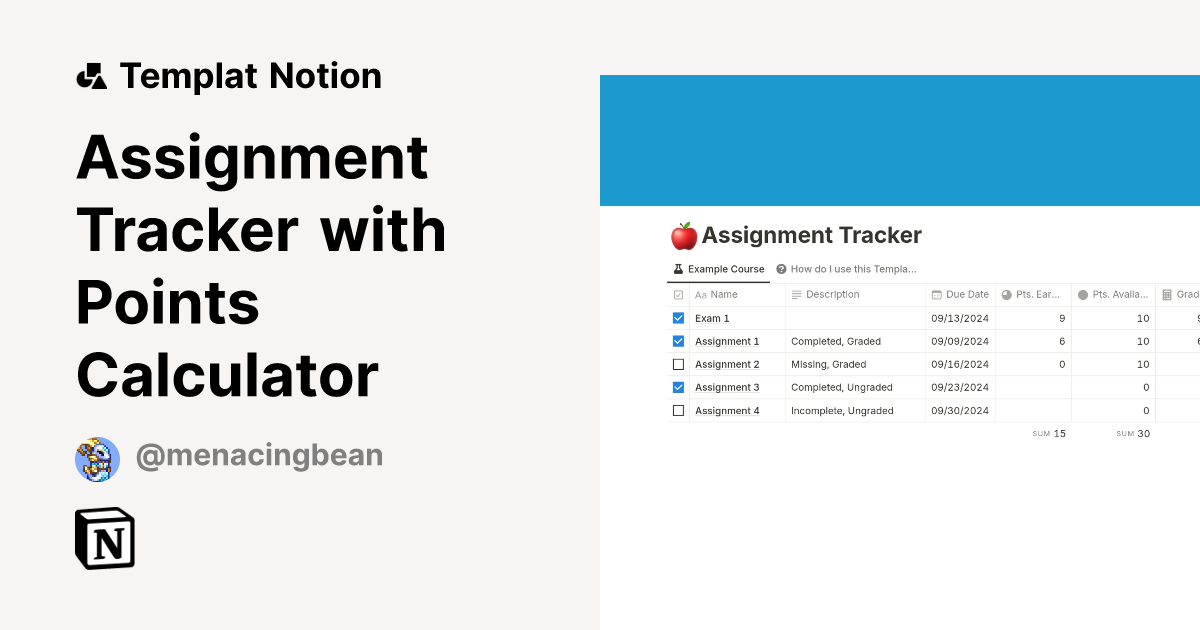 Templat Assignment Tracker with Points Calculator | Notion Marketplace