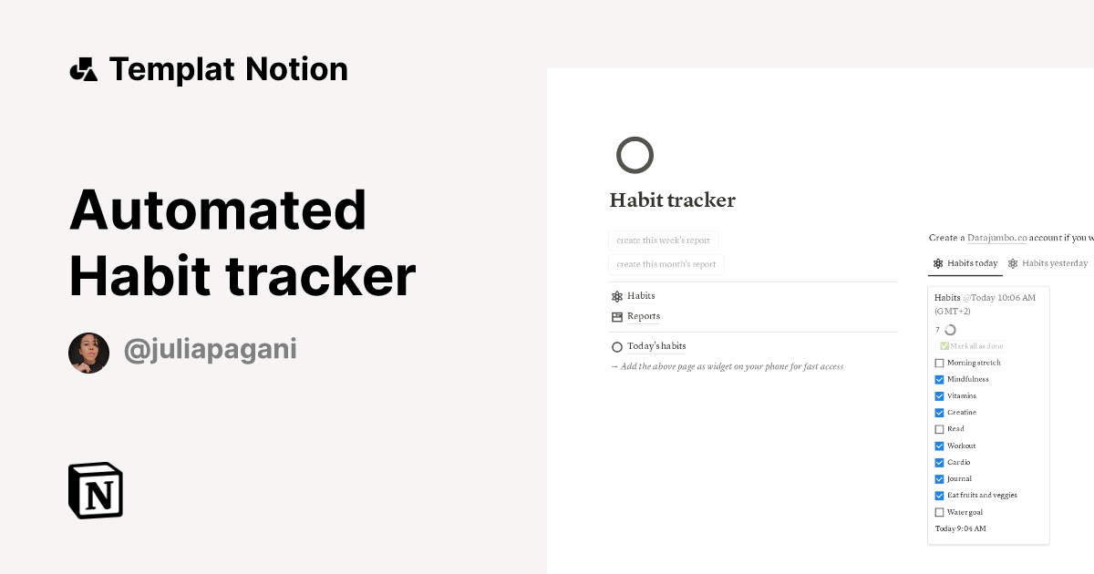 Automated Habit tracker Templat oleh Julia Pagani | Notion Marketplace