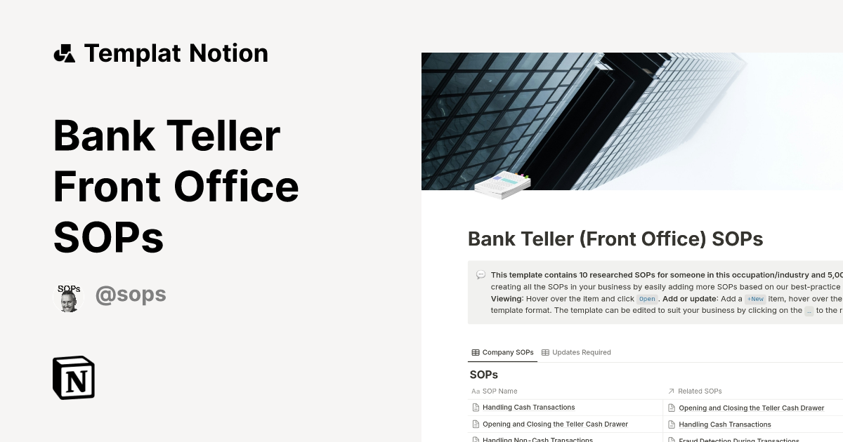 Bank Teller Front Office SOPs Templat oleh SOPs | Notion Marketplace