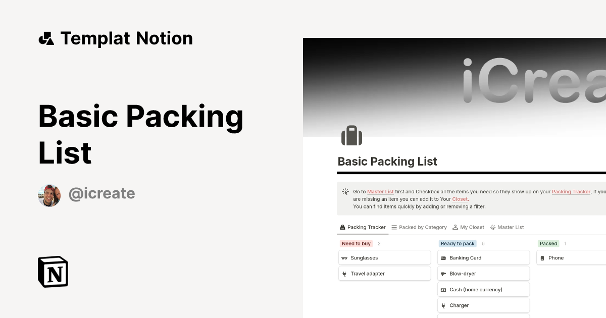 Basic Packing List Templat oleh Creator | Notion Marketplace