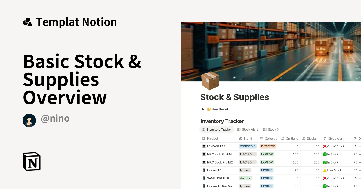 Basic Stock & Supplies Overview Templat oleh Niño | Notion Marketplace