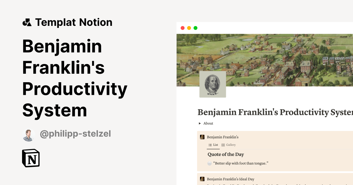 Benjamin Franklin's Productivity System Templat oleh Philipp Stelzel | Notion Marketplace