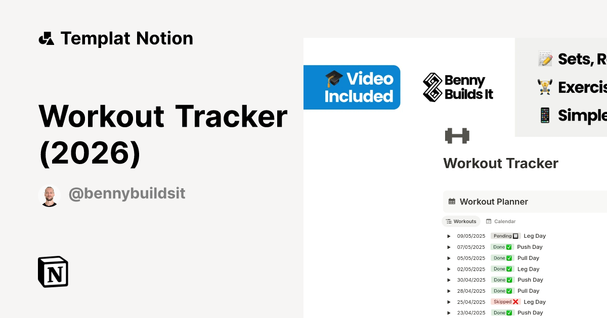 Workout Tracker (2026) Templat oleh Benny Builds It | Notion Marketplace