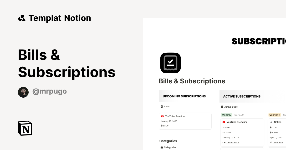 Bills & Subscriptions Templat oleh mrpugo | Notion Marketplace
